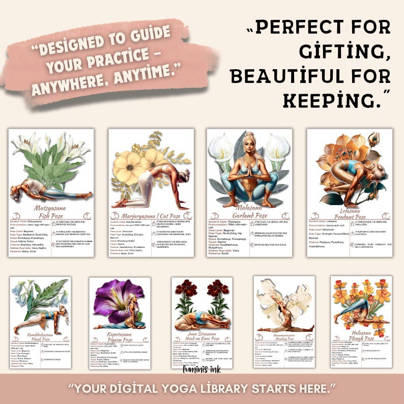 108 Yoga Pose Digital Cards • Printable Sanskrit Asanas Yoga Card ...