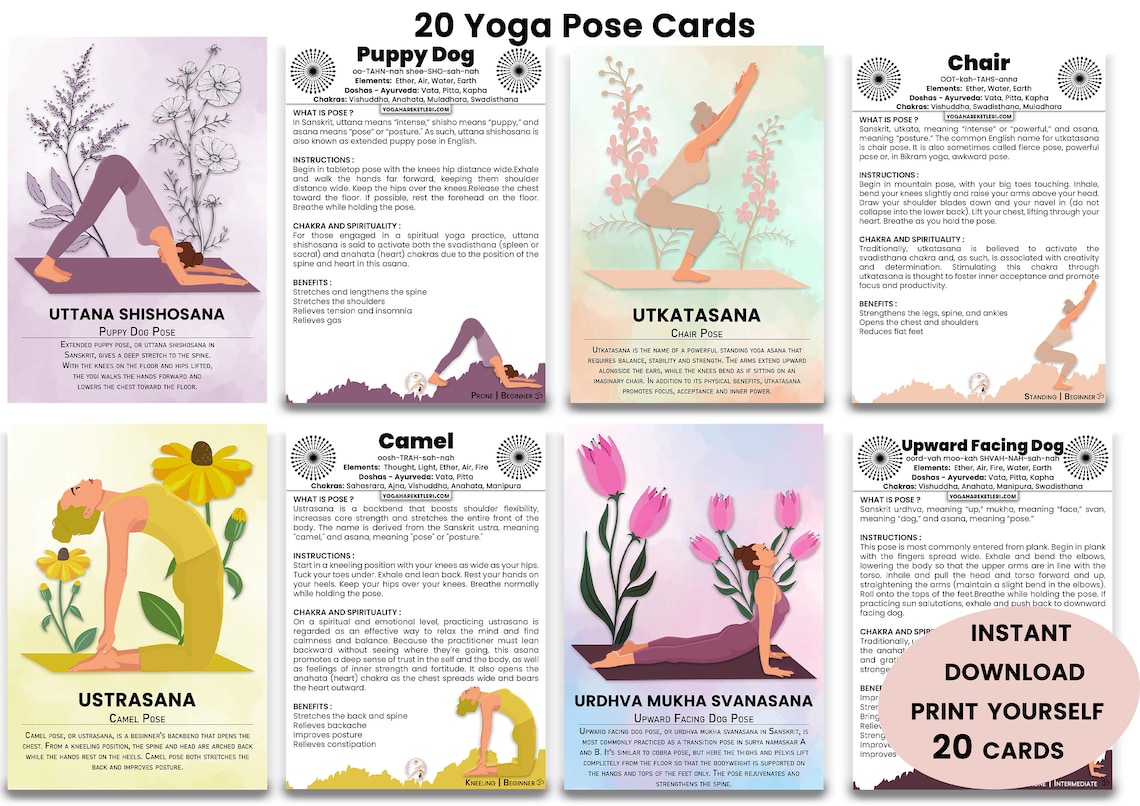 20 Yoga Pose Printable Cards Flashcards for Yoga Includes Sanskrit ...