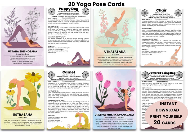 20 Yoga Pose Printable Cards - Flashcards for Yoga - Includes Sanskrit ...