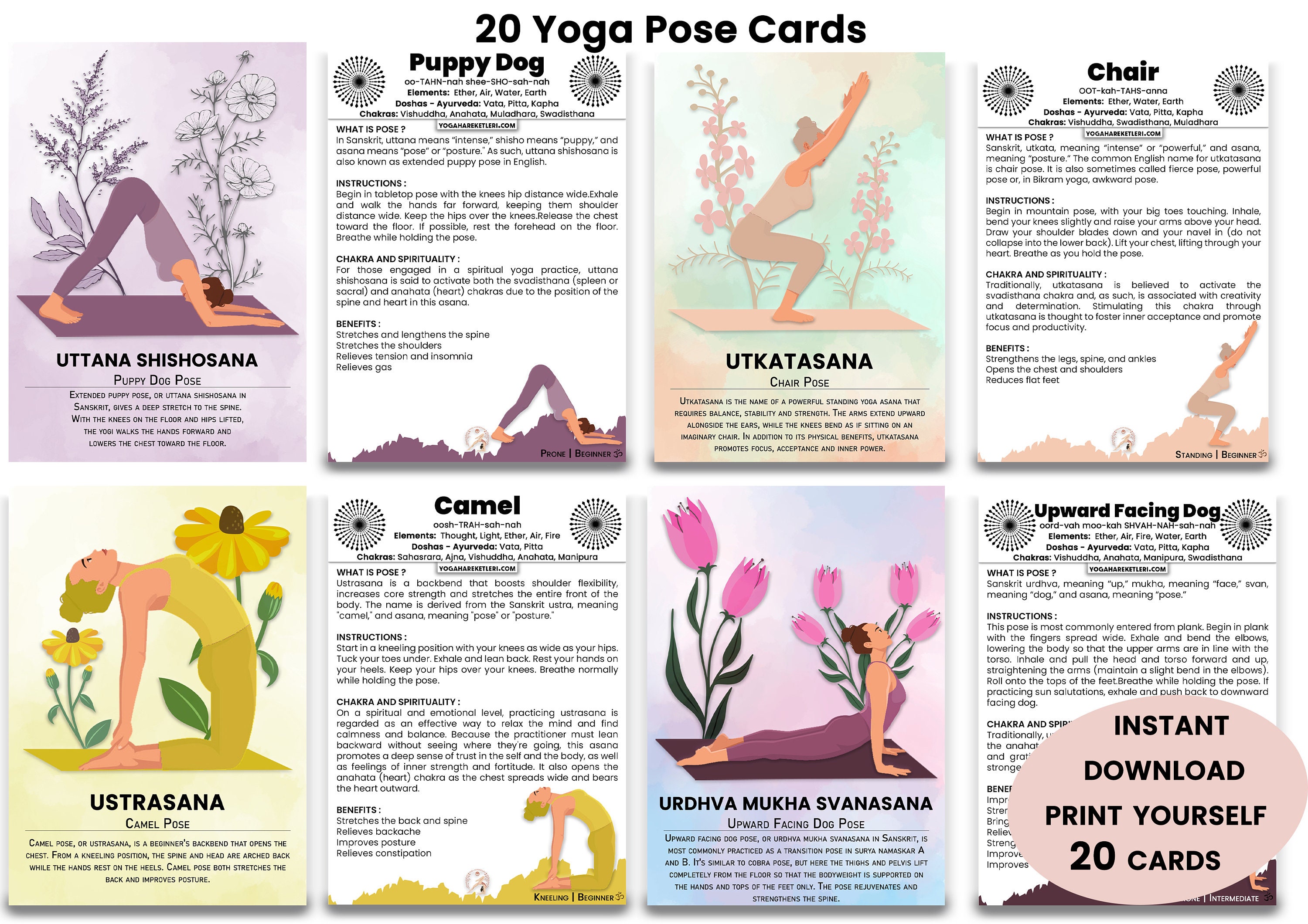 20 Yoga Pose Printable Cards Flashcards for Yoga Includes Sanskrit ...