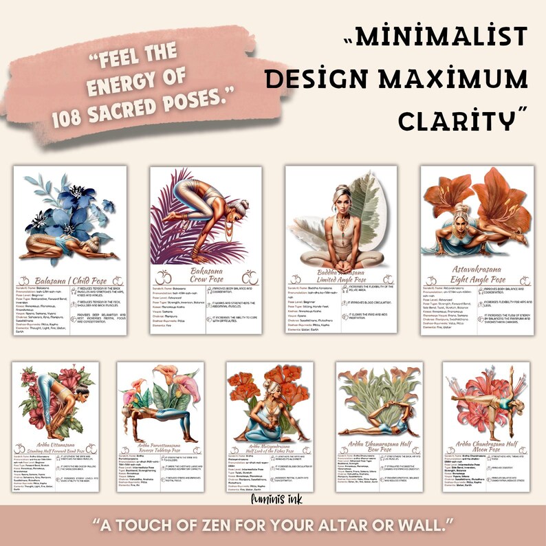 108 Yoga Pose Digital Cards • Printable Sanskrit Asanas Yoga Card ...