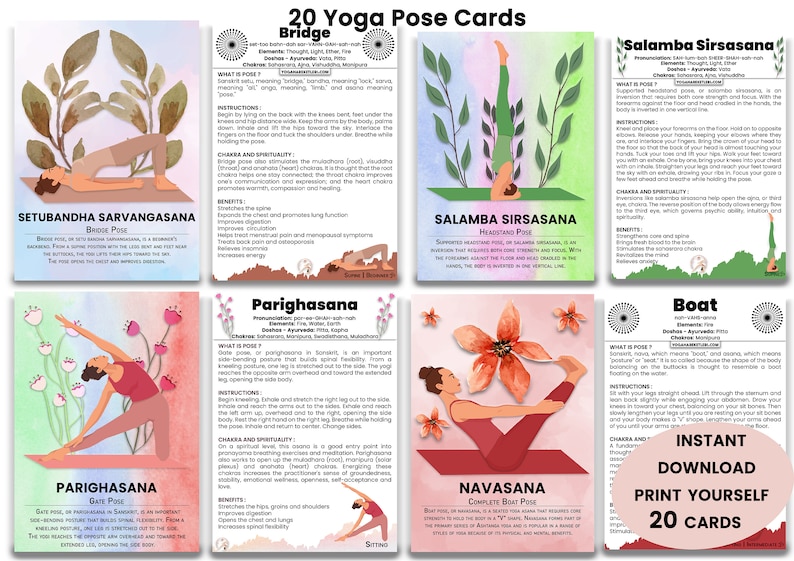 20 Yoga Pose Printable Cards - Flashcards for Yoga - Includes Sanskrit ...