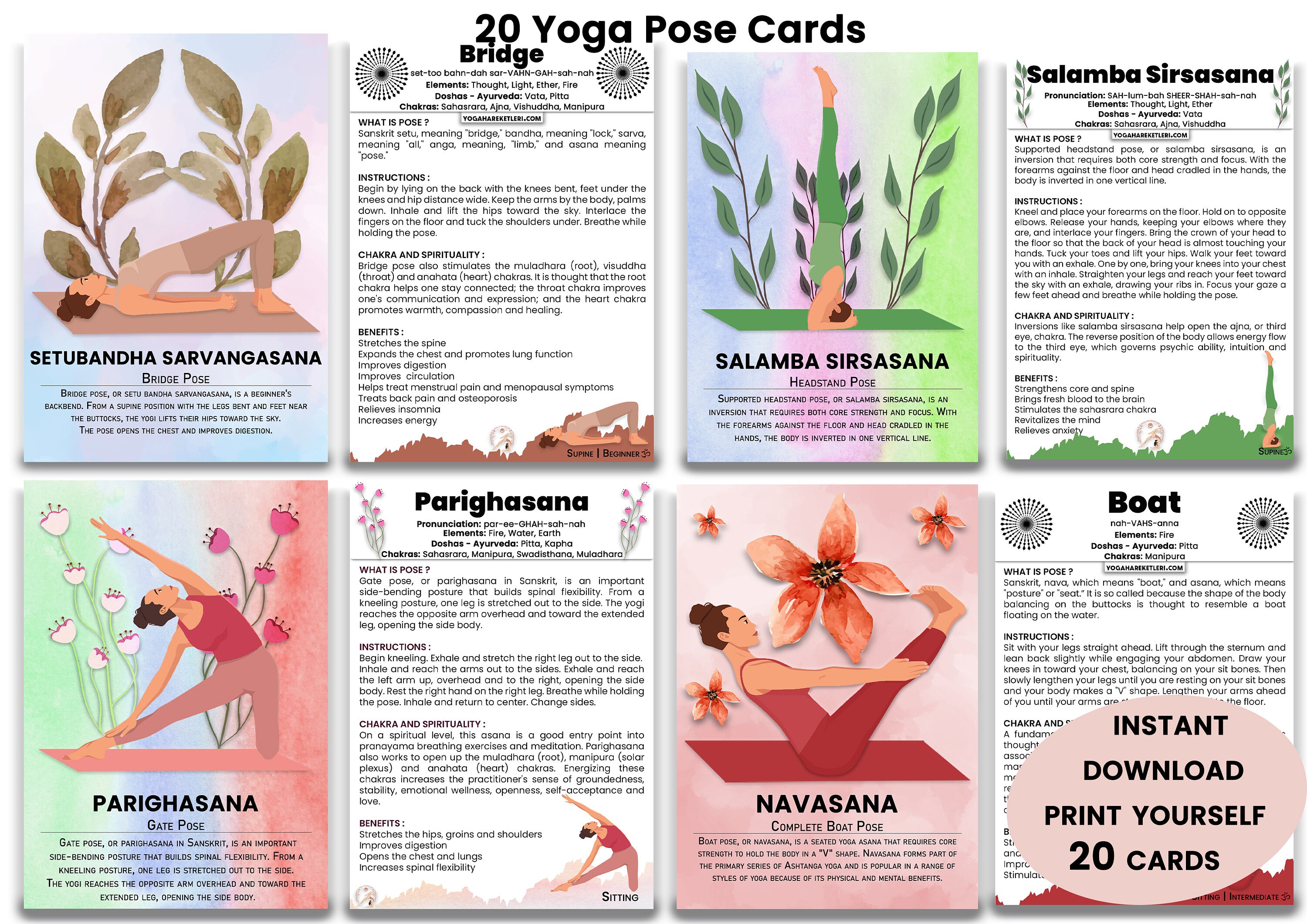 20 Yoga Pose Printable Cards - Flashcards for Yoga - Includes Sanskrit ...