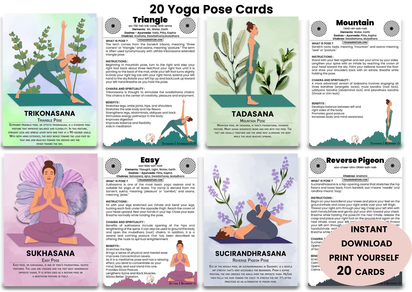20 Yoga Pose Printable Cards - Flashcards for Yoga - Includes Sanskrit ...