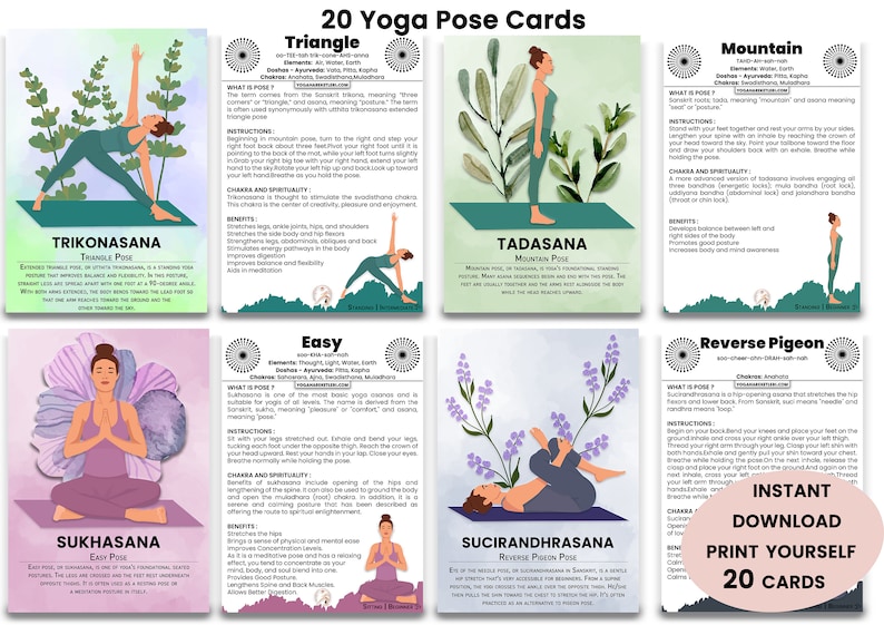 20 Yoga Pose Printable Cards - Flashcards for Yoga - Includes Sanskrit ...