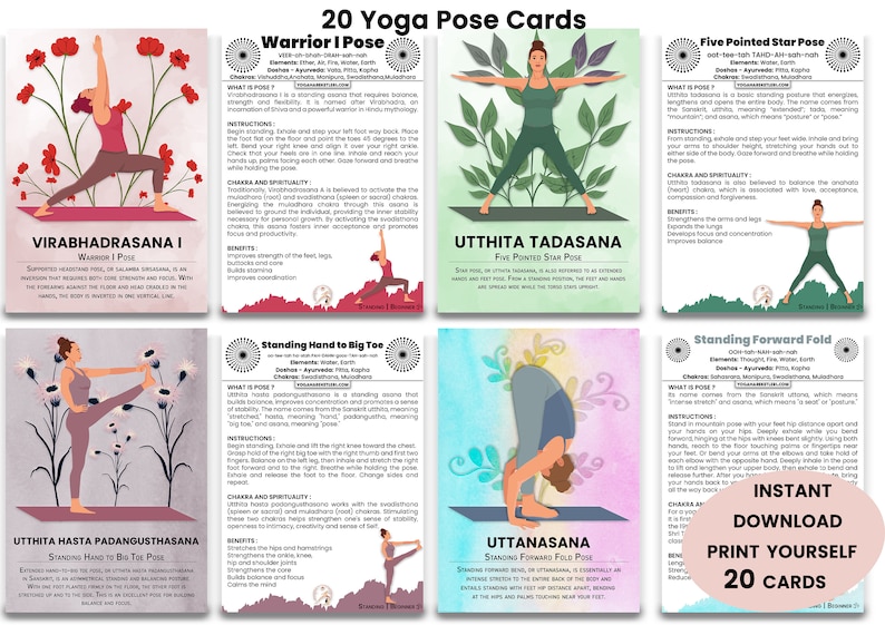 20 Yoga Pose Printable Cards - Flashcards for Yoga - Includes Sanskrit ...