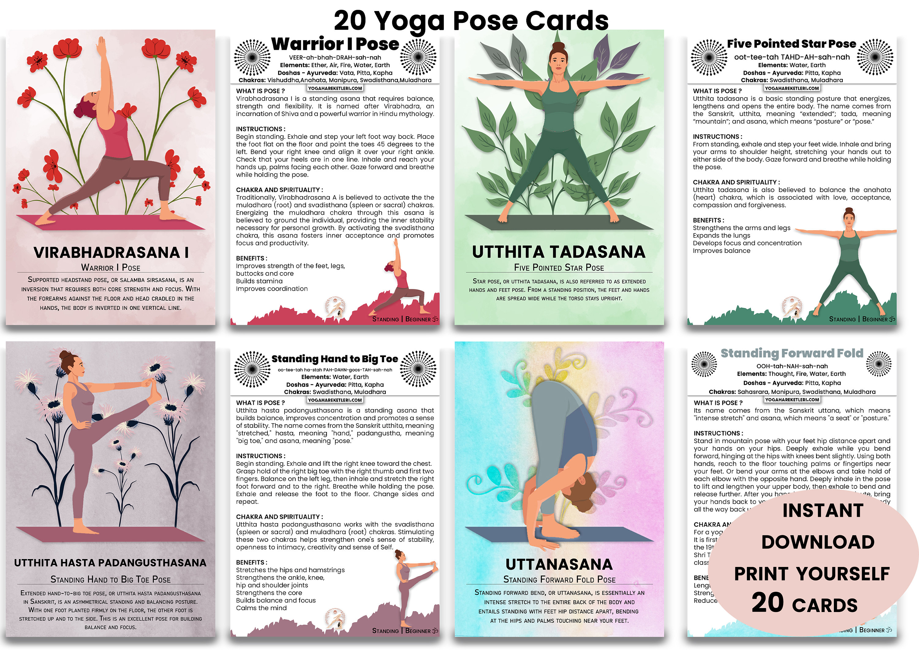 20 Yoga Pose Printable Cards - Flashcards for Yoga - Includes Sanskrit ...