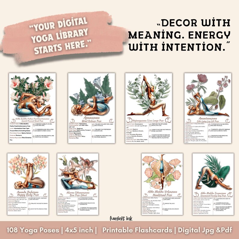 108 Yoga Pose Digital Cards • Printable Sanskrit Asanas Yoga Card ...