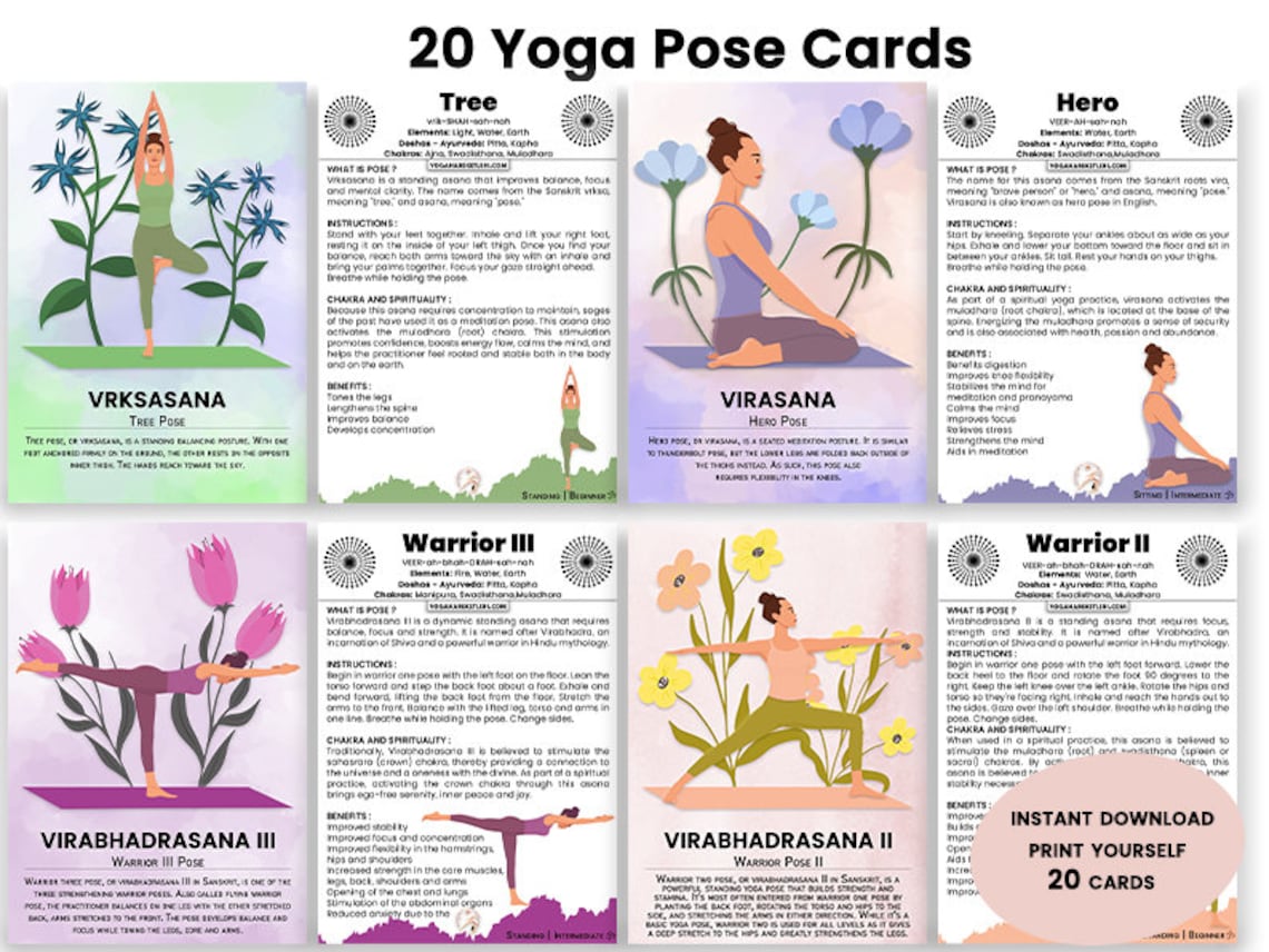 20 Yoga Pose Printable Cards - Flashcards for Yoga - Includes Sanskrit ...