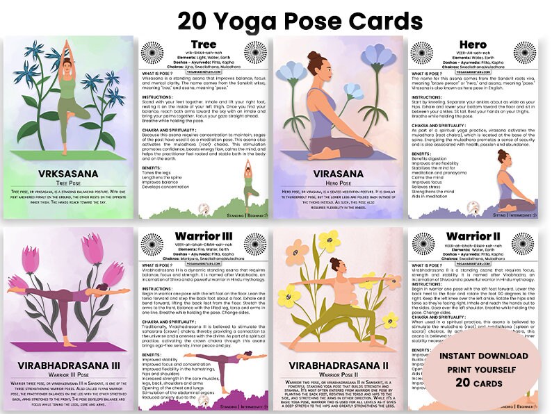 20 Yoga Pose Printable Cards - Flashcards for Yoga - Includes Sanskrit ...