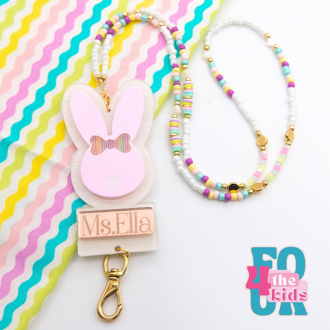 Easter Bunny Acrylic Name Tag and Beaded Lanyard, Custom Teacher Id ...