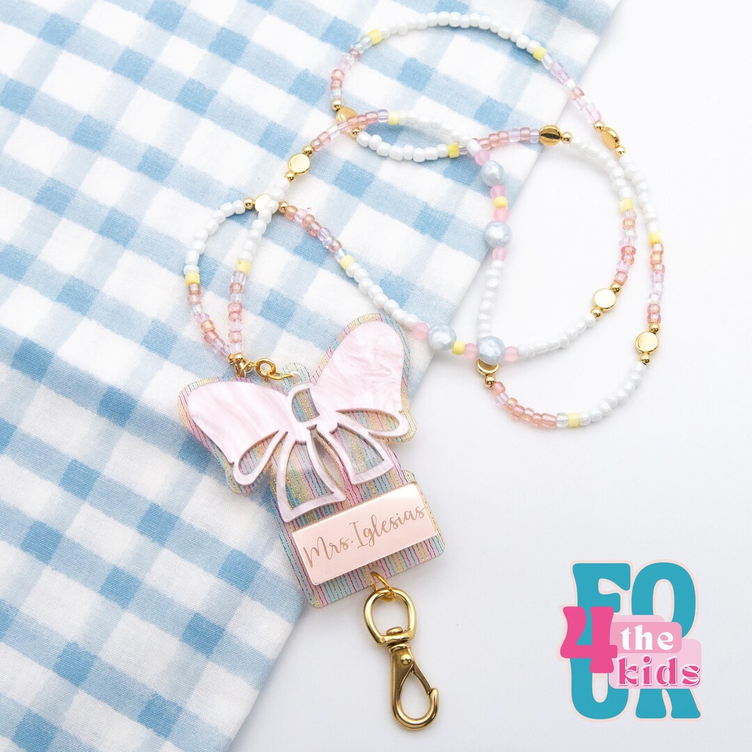 Personalized Acrylic Bow Name Tag With Beaded Lanyard, Handmade Acrylic ...