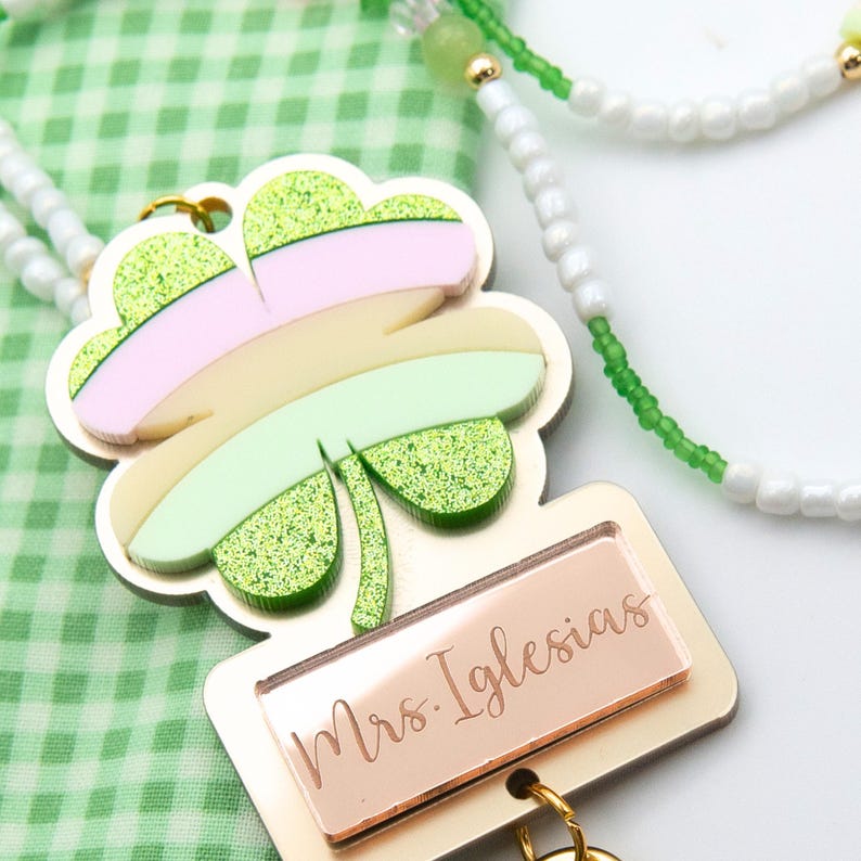 Clover Acrylic Name Tag & Beaded Lanyard Set, Beaded ID Badge Holder ...