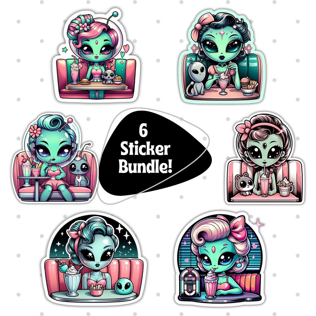 Cute Alien Diner Stickers Bundle, Fun Alien Cafe Sticker Pack, Retro ...