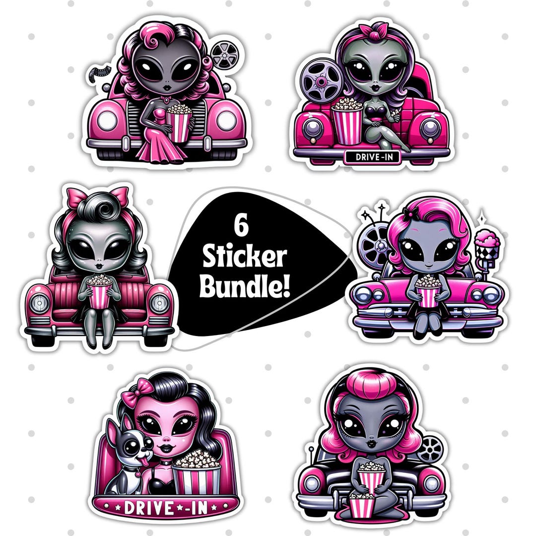 Cute Alien and Retro Girl Sticker Bundle, 6 Piece Drive-in Collection ...