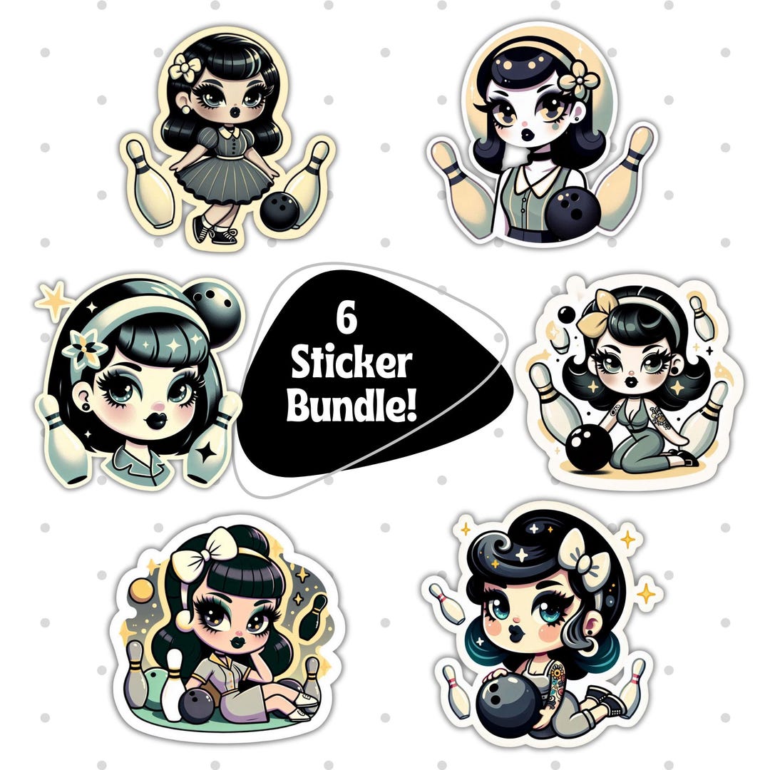 Cute Retro Girls Bowling Sticker Pack, Kawaii Vintage Style, Bowling ...