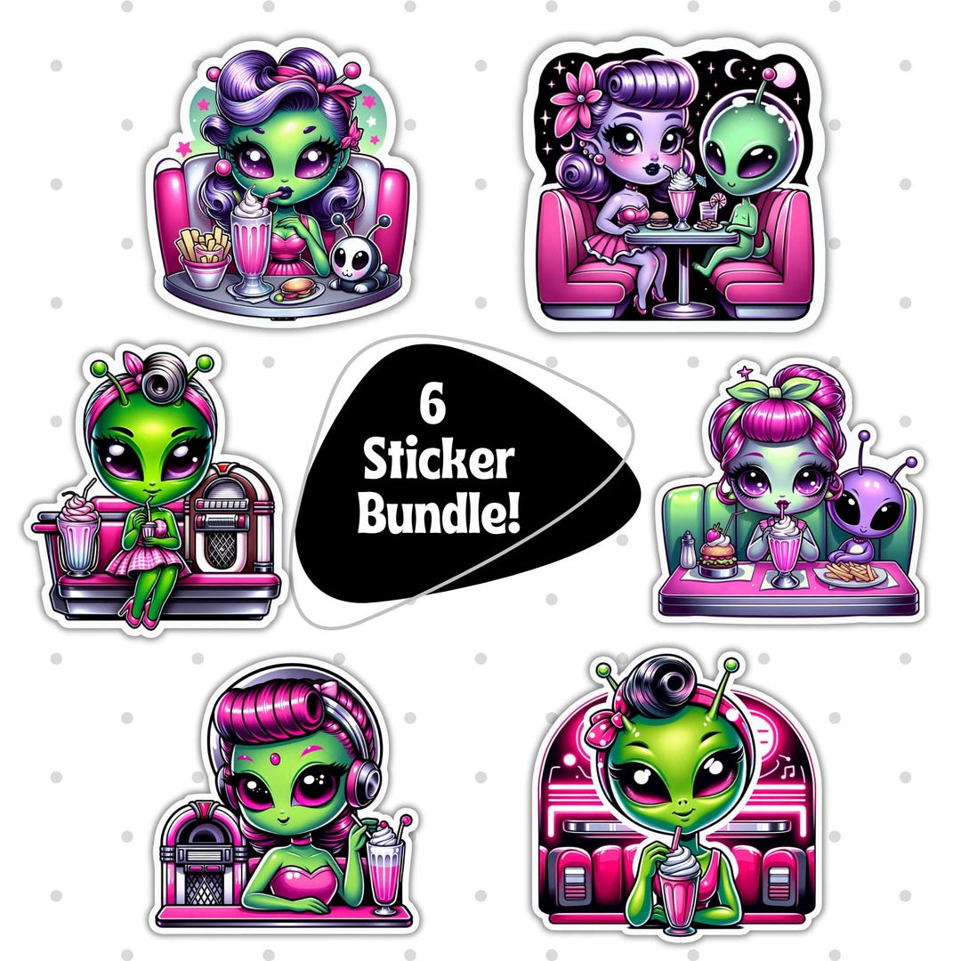 Cute Alien Diner Stickers, Retro Sci-fi Sticker Set, Cartoon Alien ...