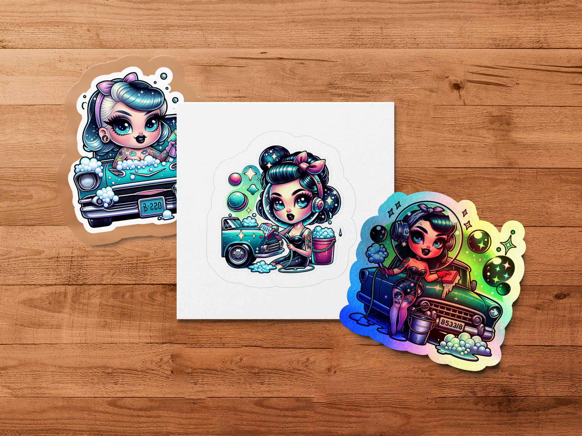 Retro Bubble Bath Sticker Bundle, Cute Pin-up Car Wash Sticker Set ...