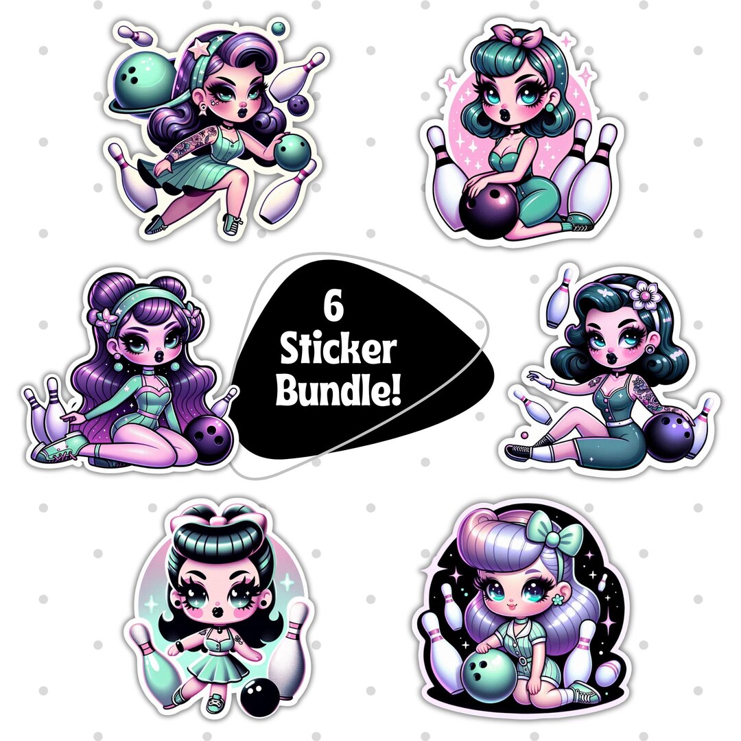 Cute Retro Bowling Pinup Girl Stickers Bundle, Kawaii Bowling Stickers ...