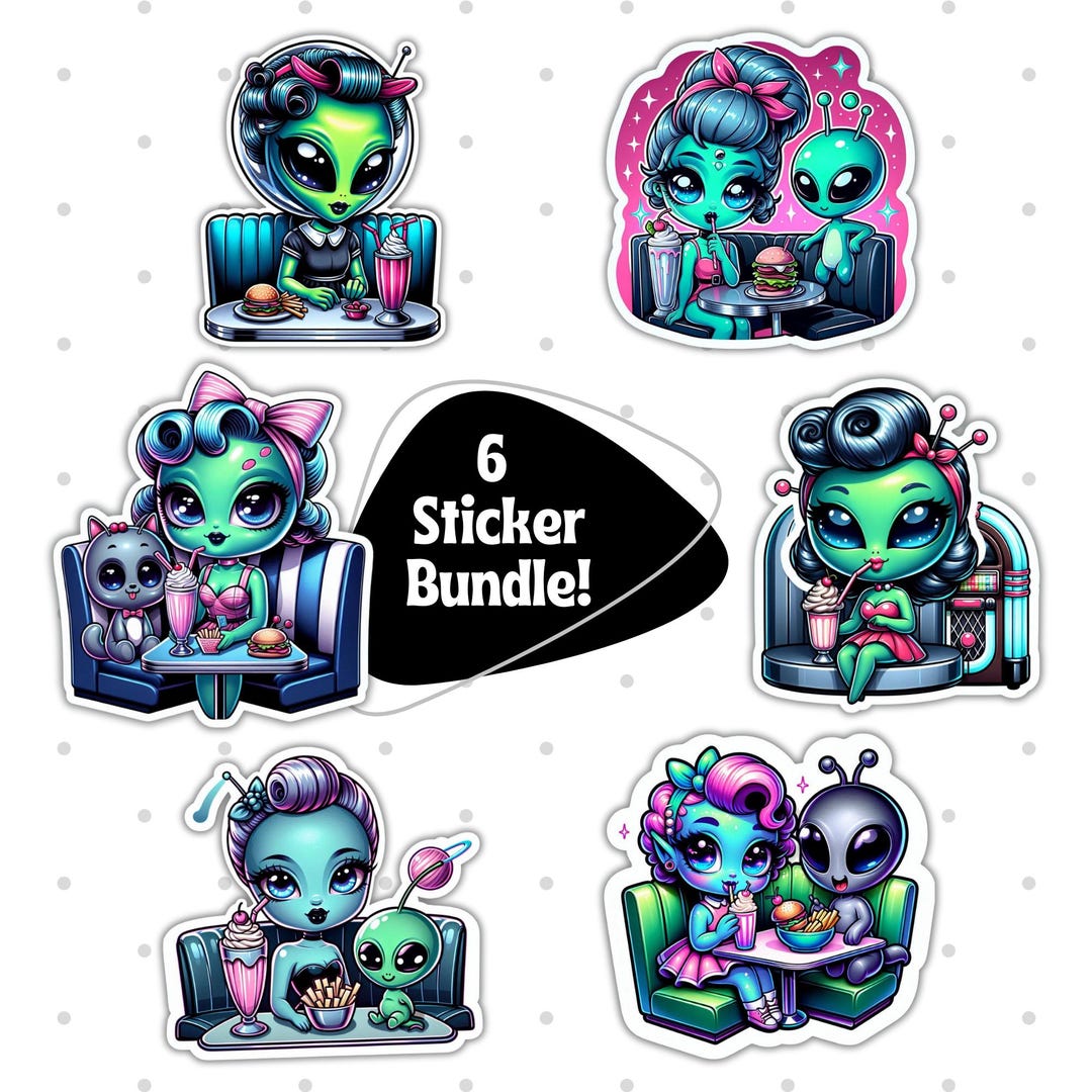 Retro Sci-fi Alien Diner Stickers Bundle, Cute Alien Characters With ...