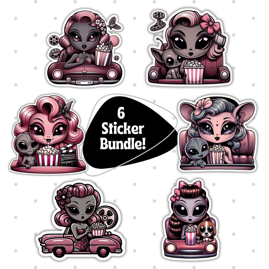 Cute Alien Movie Night Stickers, Fun Popcorn Eating Aliens, Unique ...
