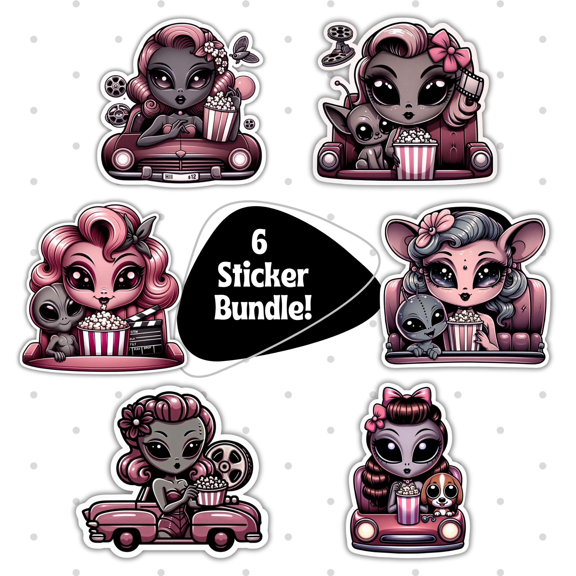 Cute Alien Movie Night Stickers, Fun Popcorn Eating Aliens, Unique ...