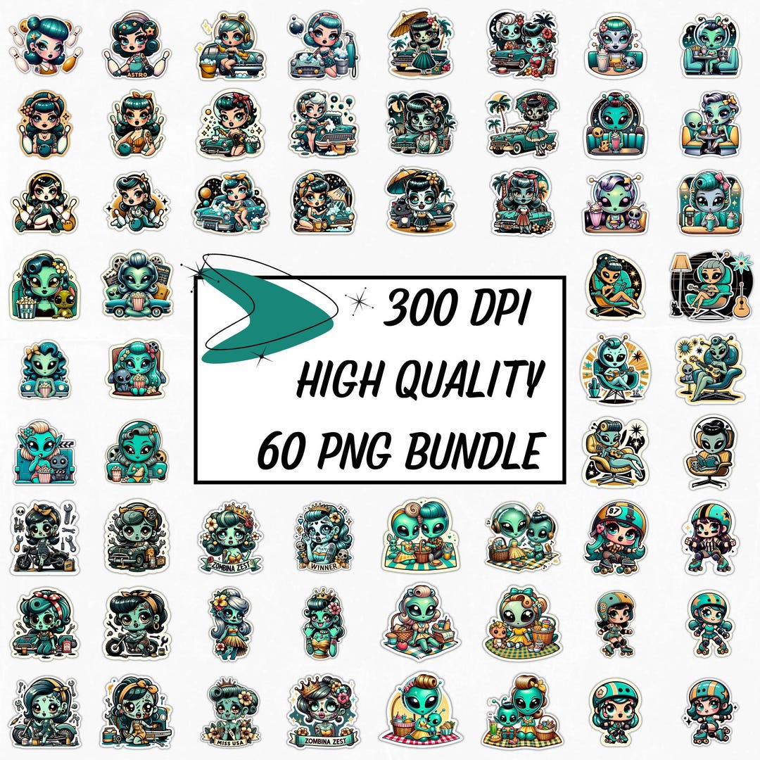 Retro Alien Pinup Girl Digital Art – 60 PNG Stickers for POD, Planners ...