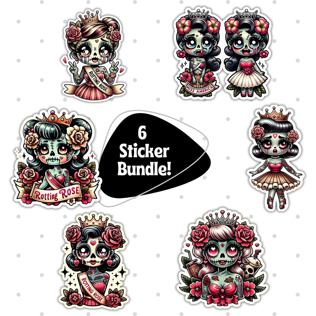 Vintage Goth Skull Girls Sticker Pack, 6 Piece Zombie Princesses ...