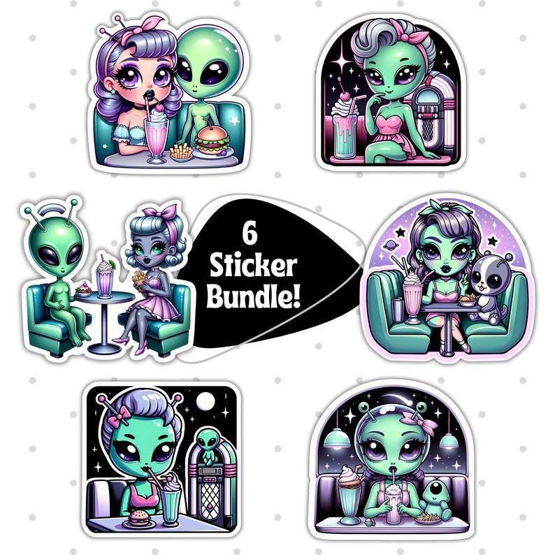 Alien Retro Diner Sticker Bundle, 6 Pieces, Cute Alien Vinyl Stickers ...