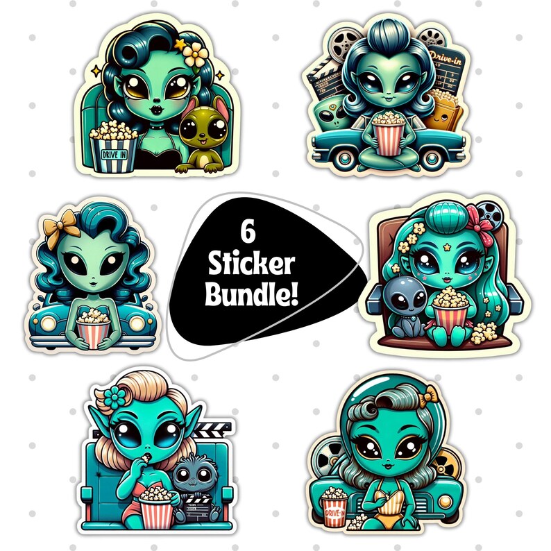 Cute Alien Popcorn Sticker Bundle, Retro Cinema Alien Stickers, 6-piece ...