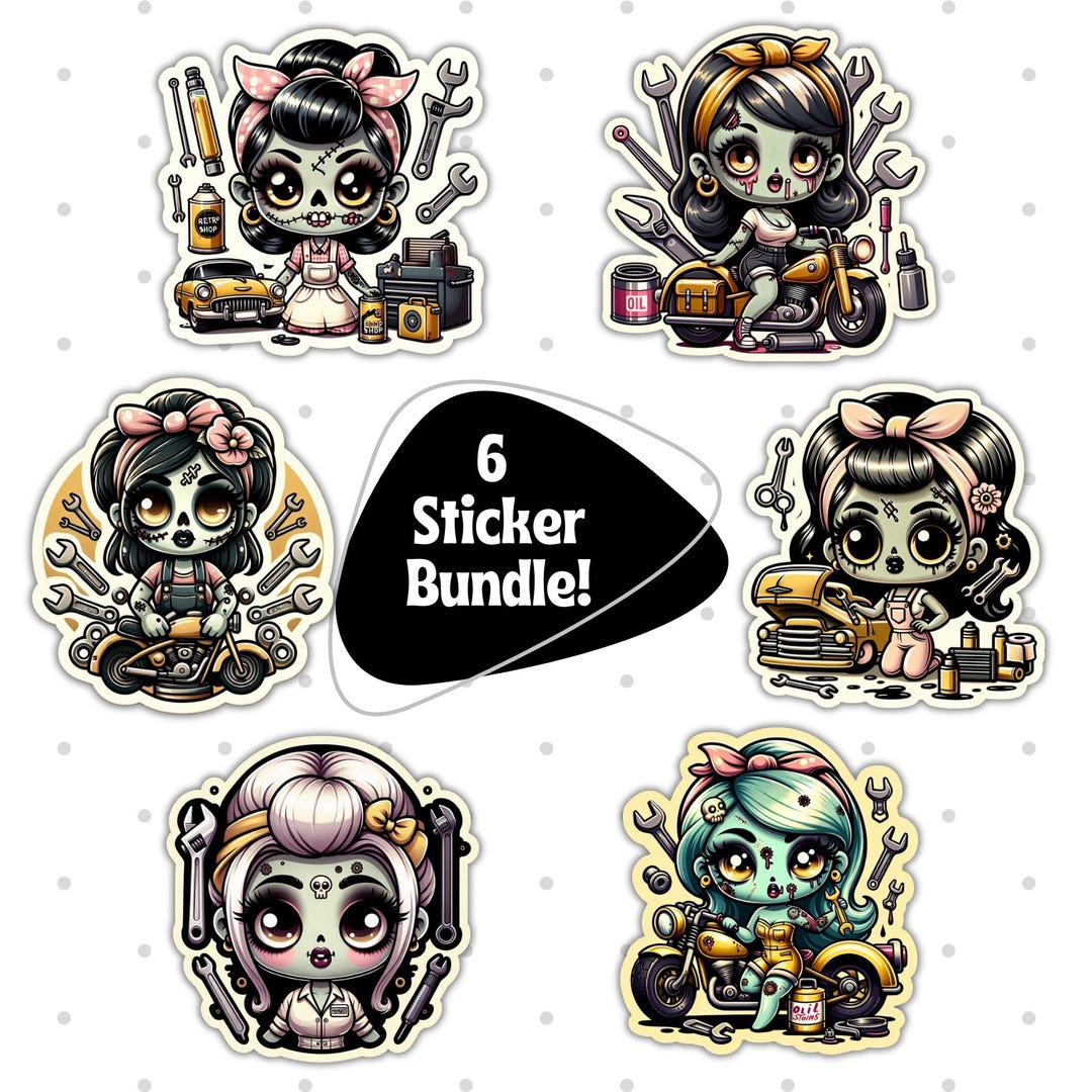 Cute Retro Mechanic Girl Stickers, 6 Pack, Kawaii Automotive Stickers ...