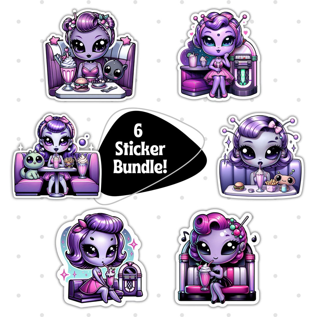 Cute Alien Girl Stickers Bundle, Adorable Alien Characters, Purple ...