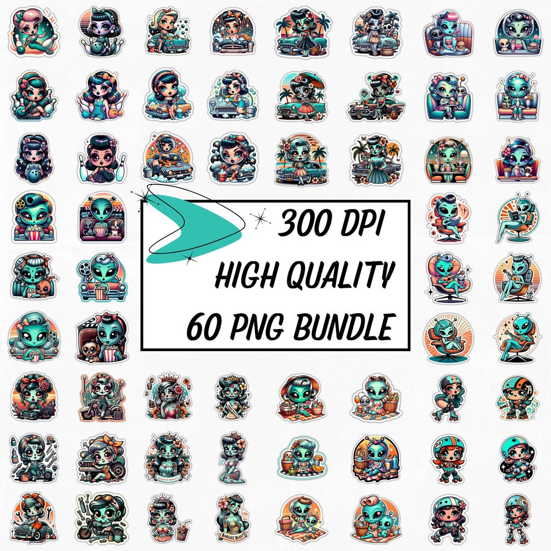 Alien, Pinup & Zombie Girl Clipart Bundle – 60 Retro Digital Stickers ...