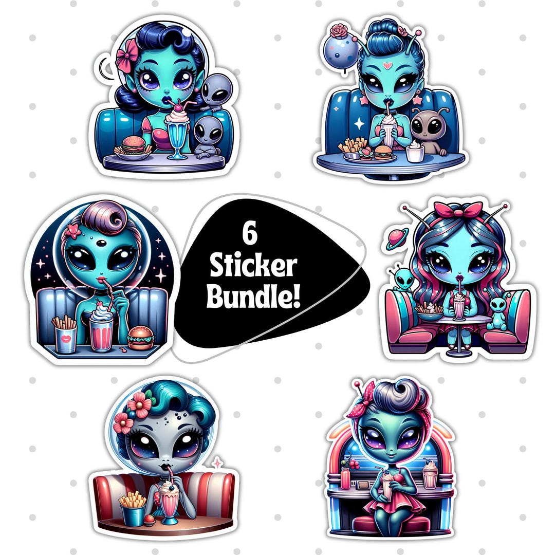 Cute Alien Stickers Bundle, Alien Space Diner Stickers, Retro Alien ...