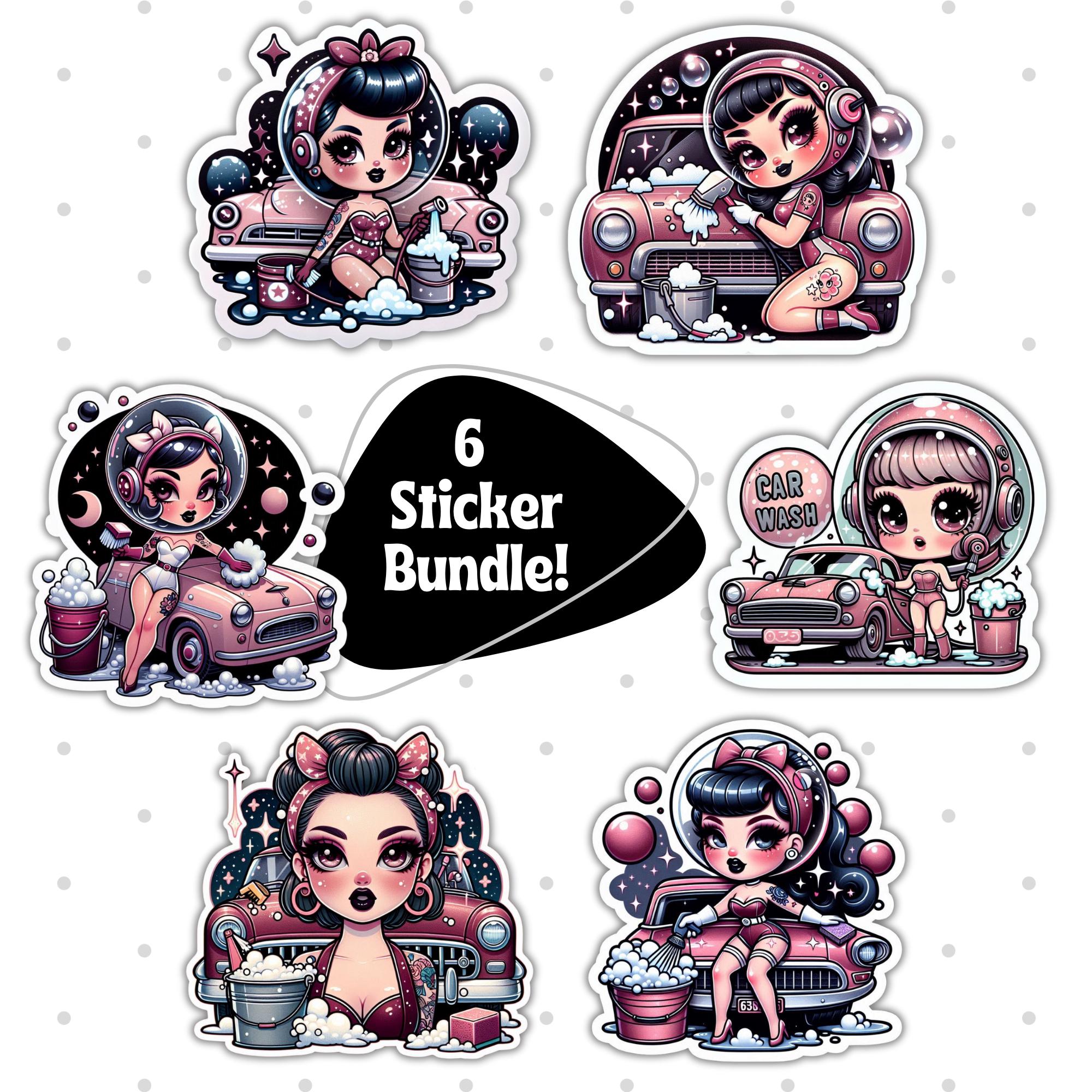 Cute Car Wash Girl Stickers, 6 Piece Sticker Bundle, Retro Art Stickers ...