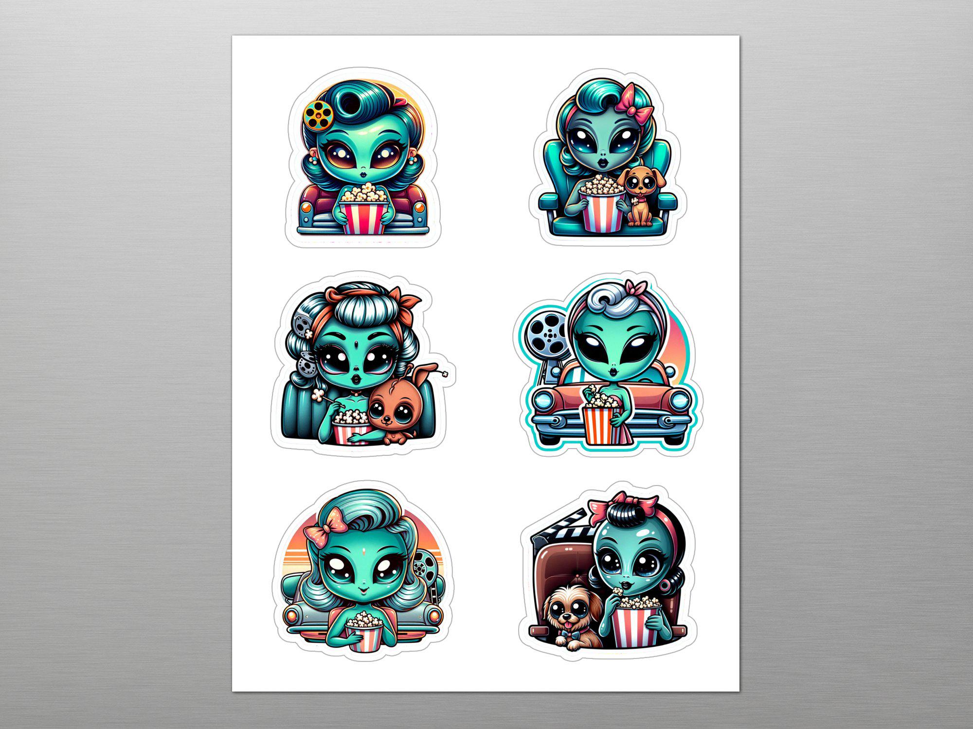 Vintage Alien Movie Night Sticker Pack, Retro Cute Alien Stickers ...
