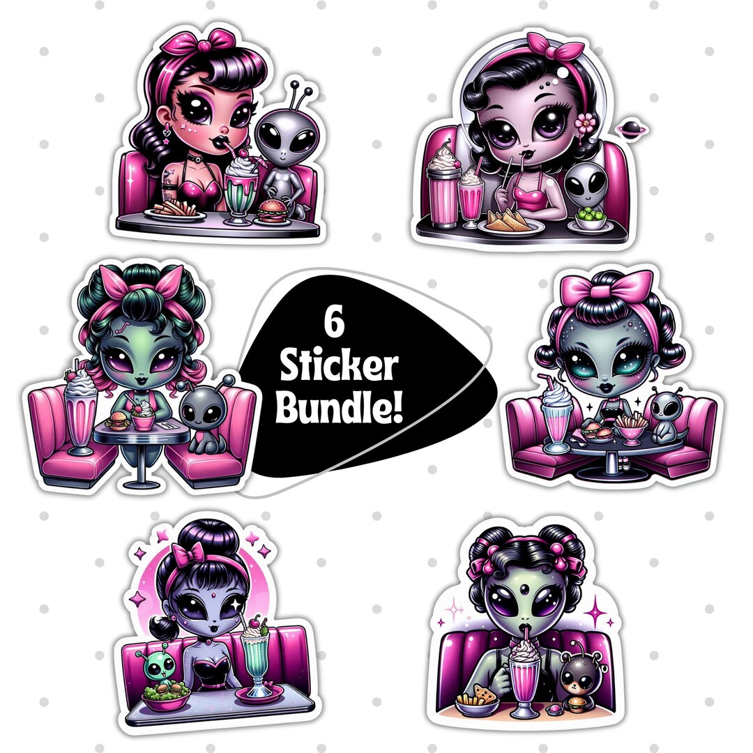 Cute Alien Girl Diner Stickers, Retro Space Theme, 6 Sticker Bundle ...