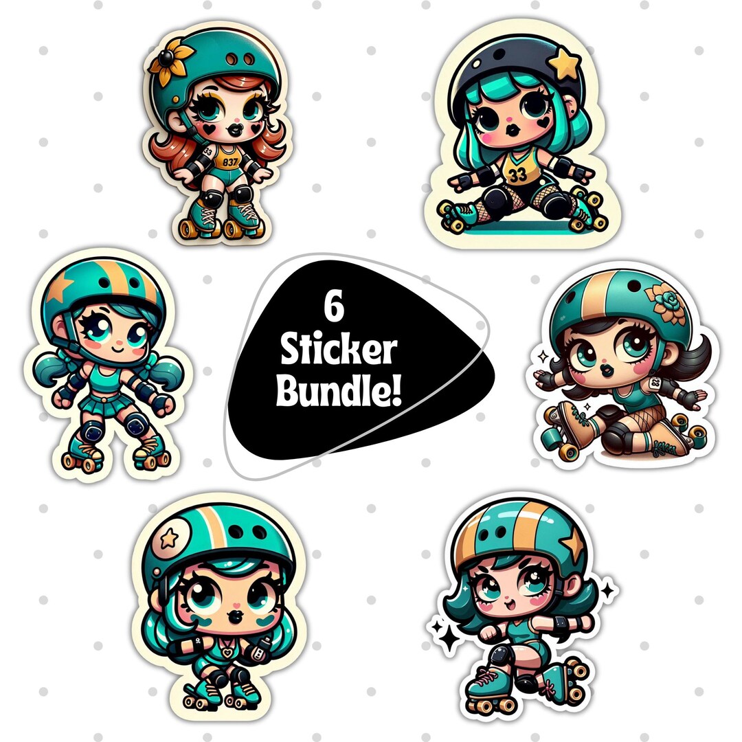 Cute Roller Derby Girl Stickers Set, 6-pack Vinyl Decals, Skater Girl ...