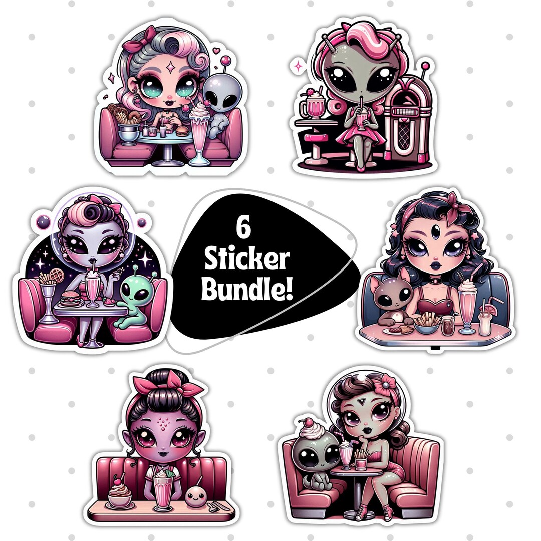 Retro Alien Diner Sticker Bundle, Cute Alien Characters, Vintage Diner ...