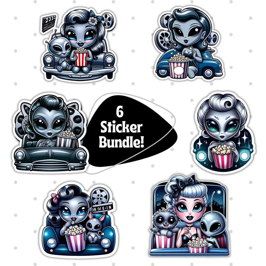 Retro Alien Movie Night Stickers Set, Cute Alien Girl Stickers ...