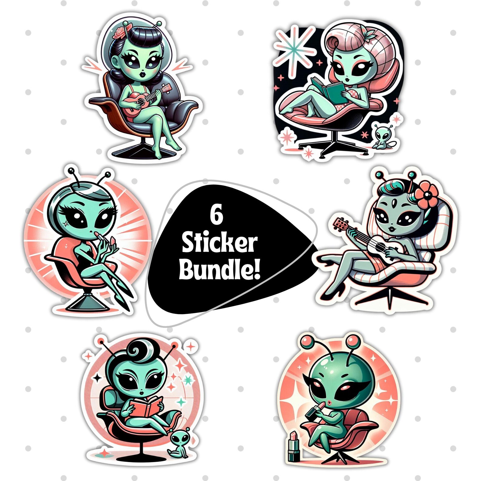 Retro Alien Sticker Pack Bundle, 6 Custom Vinyl Decals Space Theme, Mid ...