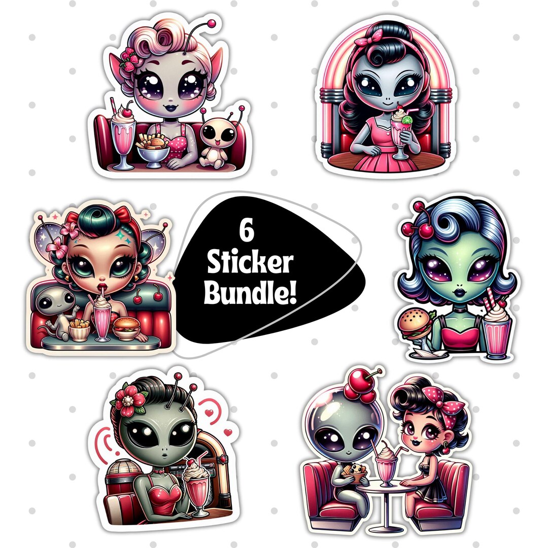 Cute Alien Diner Sticker Pack, Retro Sci-fi Space Themed Stickers, Fun ...