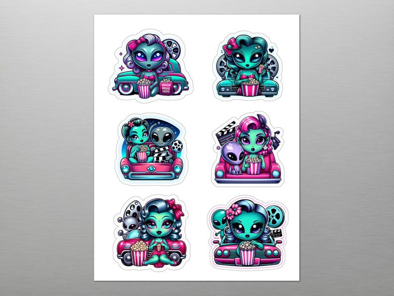 Retro Alien Movie Night Sticker Pack, Quirky Sci-fi Themed Stickers ...