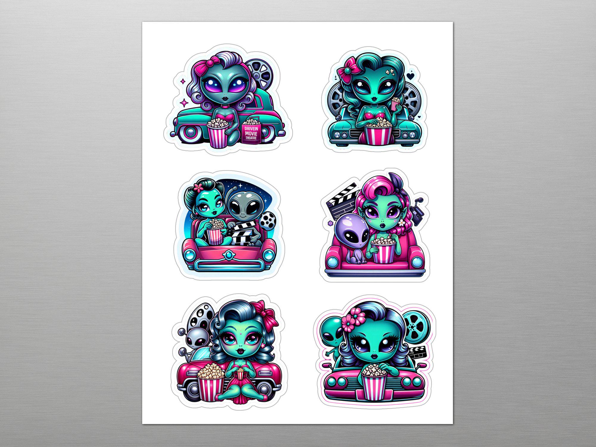Retro Alien Movie Night Sticker Pack, Quirky Sci-fi Themed Stickers ...