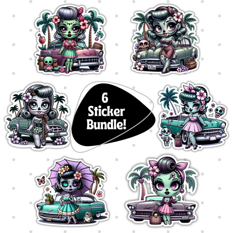 Retro Pin-up Zombie Girl Stickers, Vintage Car Sticker Pack, Gothic Car ...