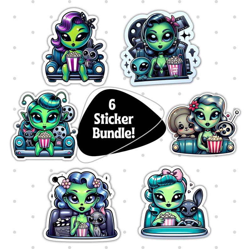 Cute Alien Popcorn Movie Night Sticker Bundle, 6 Fun Vinyl Stickers for ...