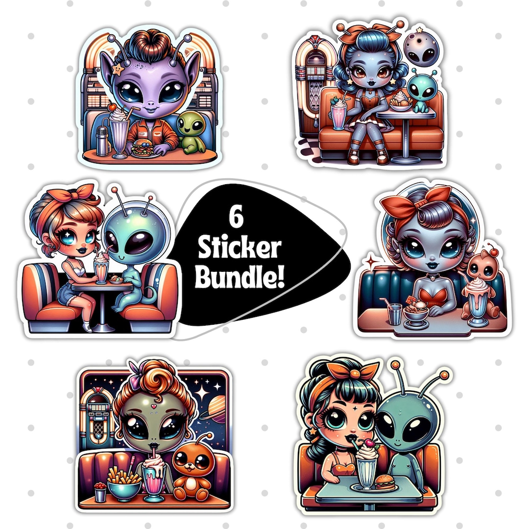 Cute Alien and Girl Sticker Bundle, Retro Diner Stickers, Kawaii Alien ...