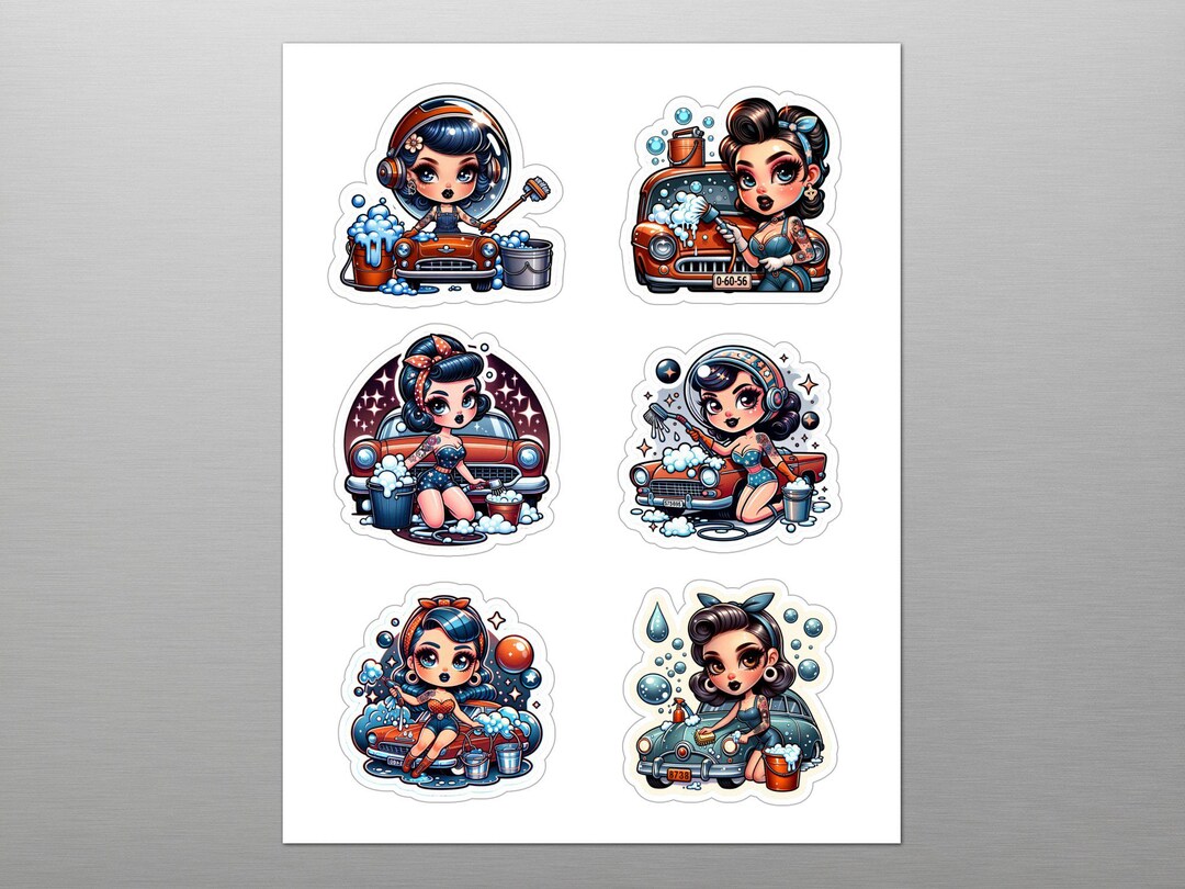 Cute Girl Car Wash Sticker Pack, Retro Pinup Girl Stickers, Fun Auto ...