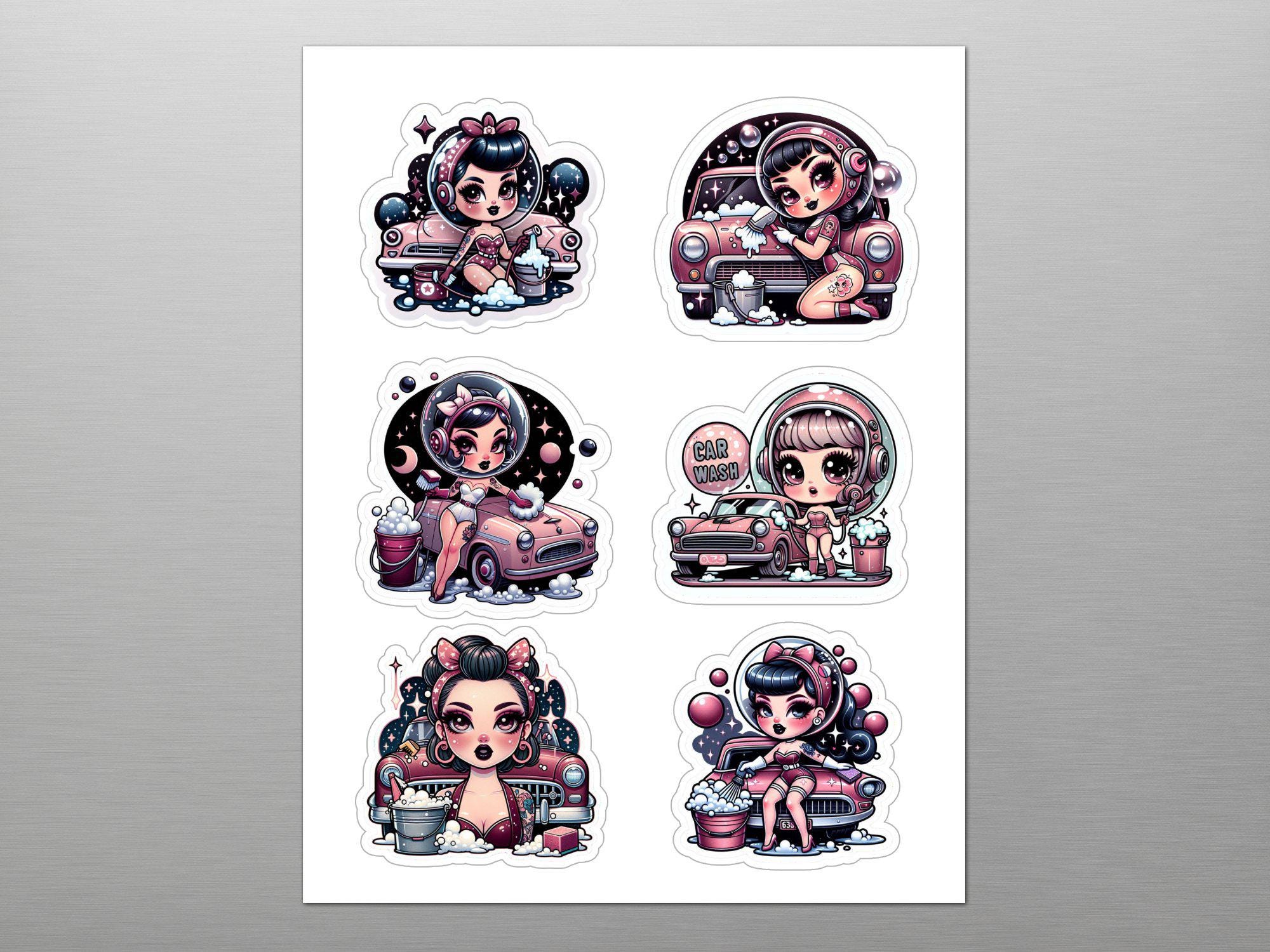 Cute Car Wash Girl Stickers, 6 Piece Sticker Bundle, Retro Art Stickers ...