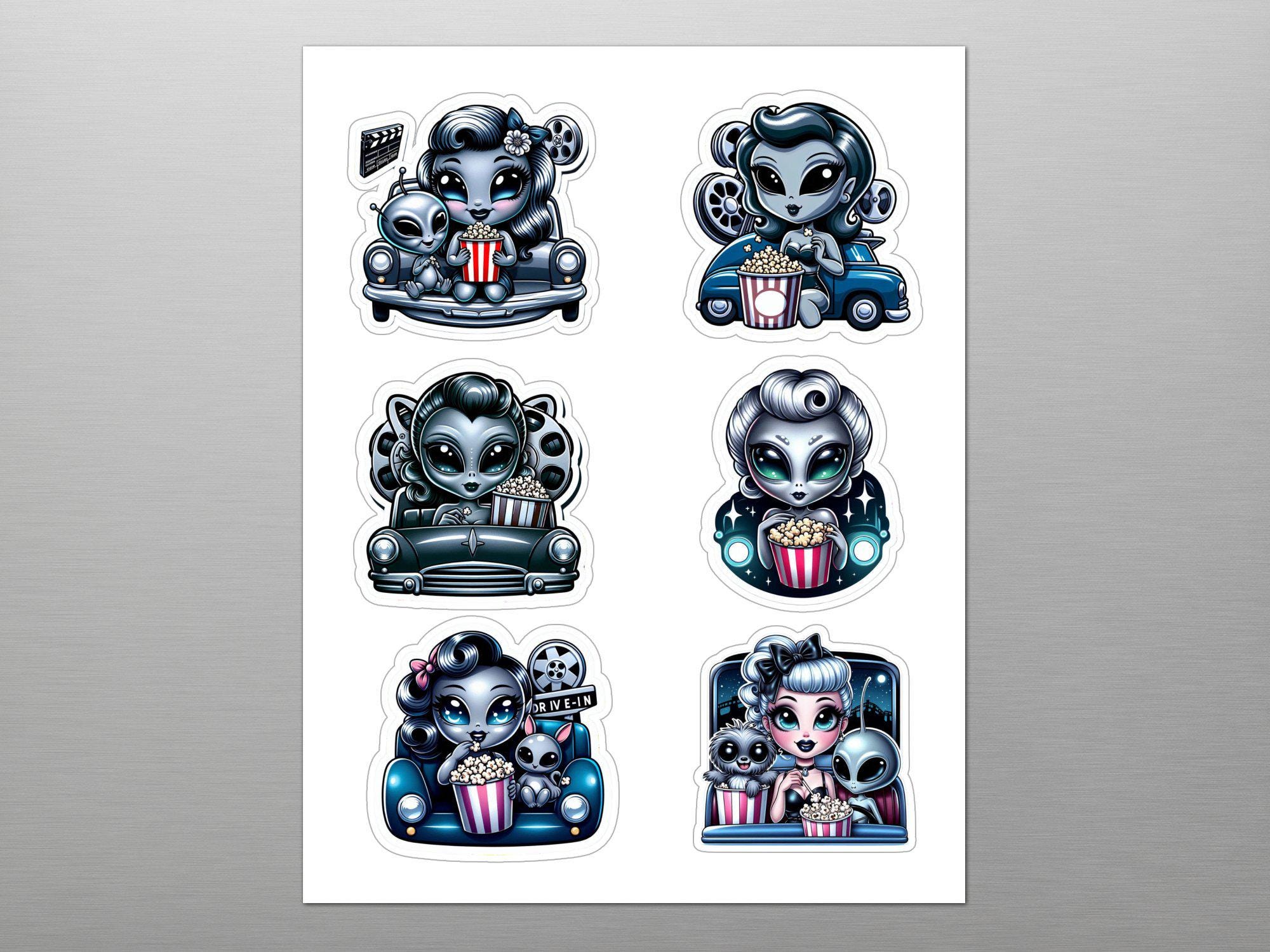 Retro Alien Movie Night Stickers Set, Cute Alien Girl Stickers ...